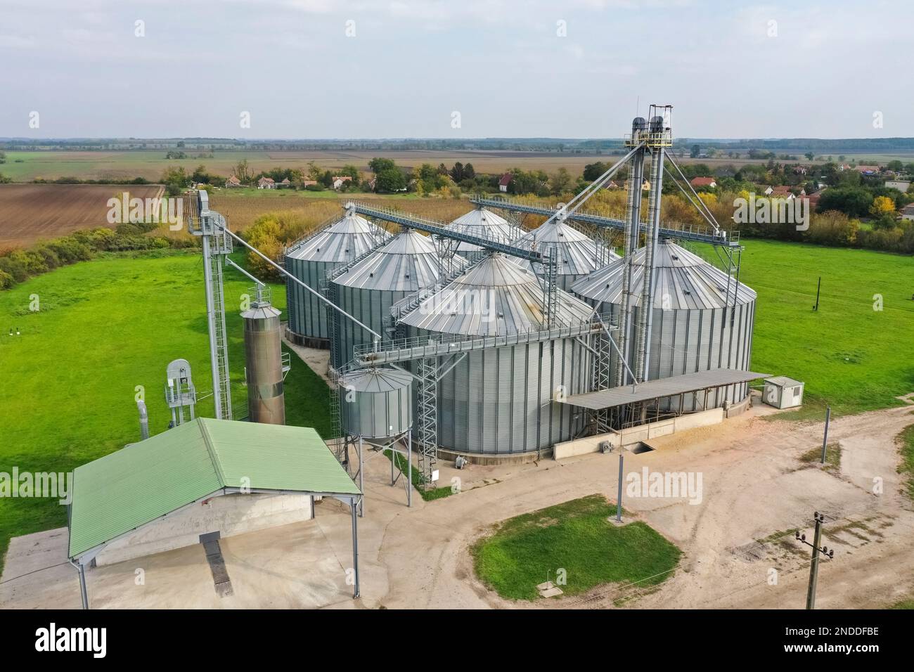 Agricultural silos on the farm in autumn, close-up drone view ...