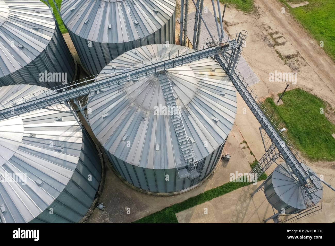 Agricultural silos on the farm in autumn, close-up drone view ...