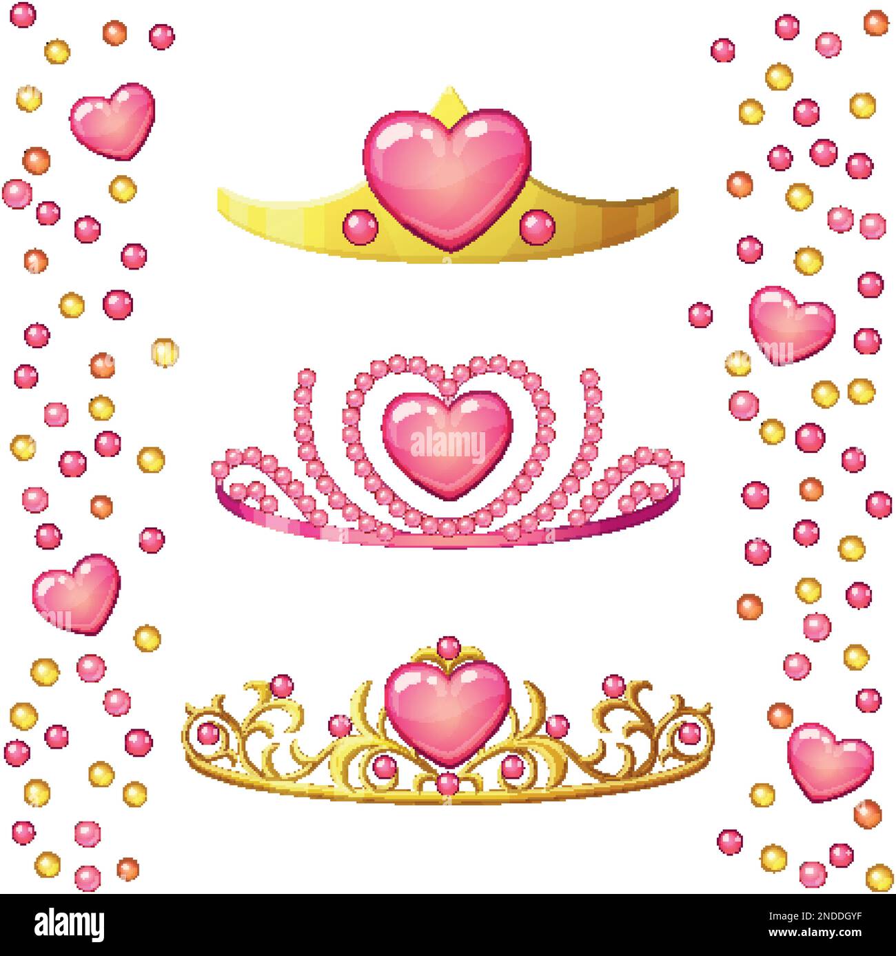 Princess crowns with heart gem isolated on white background. Golden ...