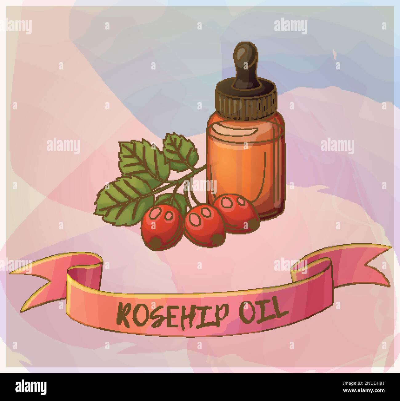 Rosehip oil and berries in bottle illustration. Essential oil cartoon ...