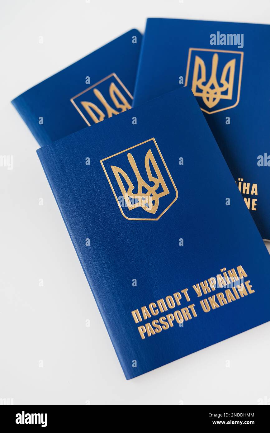 Lviv, Ukraine - January 23, 2023: Ukrainian passport on a white table ...