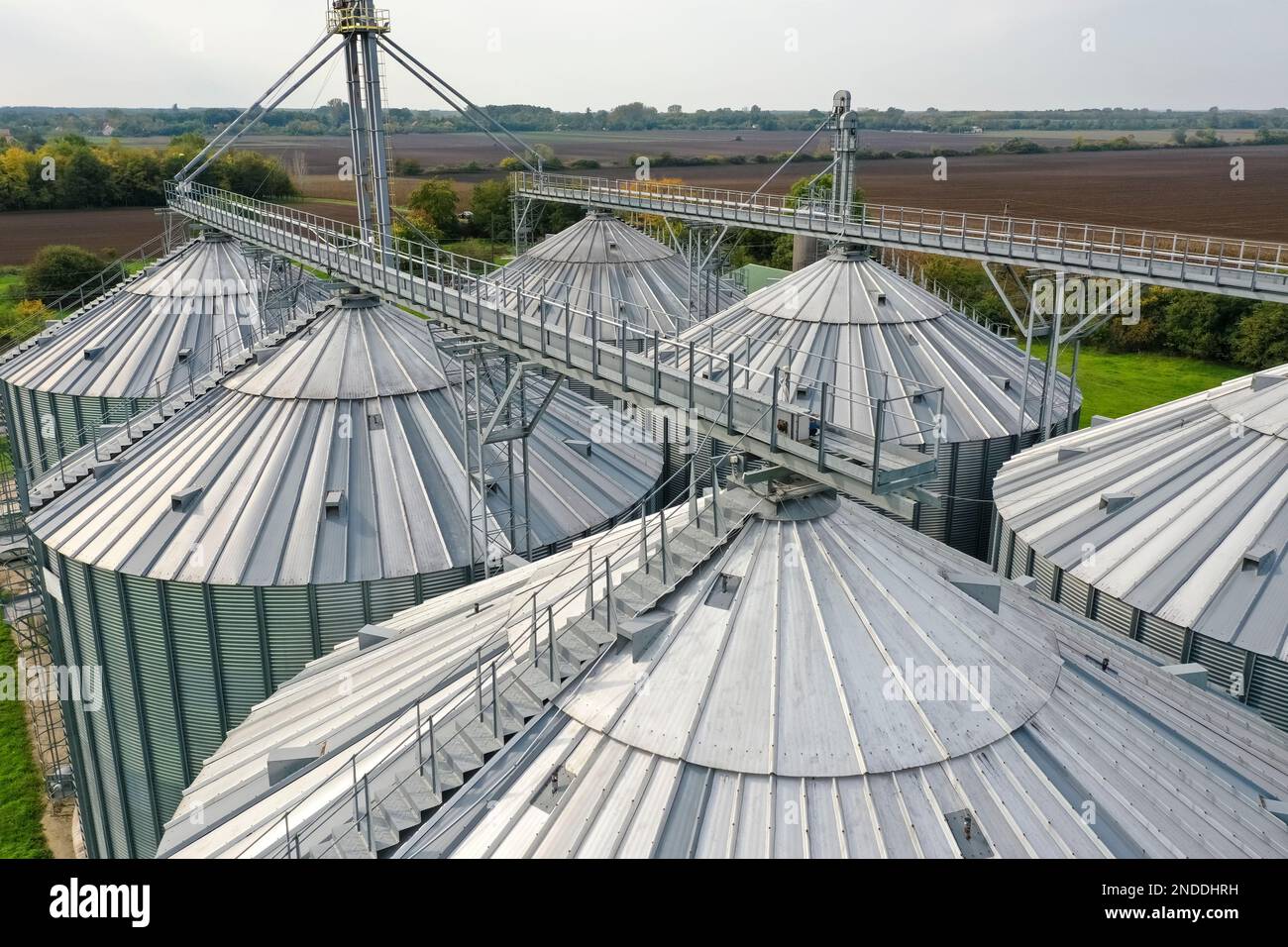 Agricultural silos on the farm in autumn, close-up drone view ...