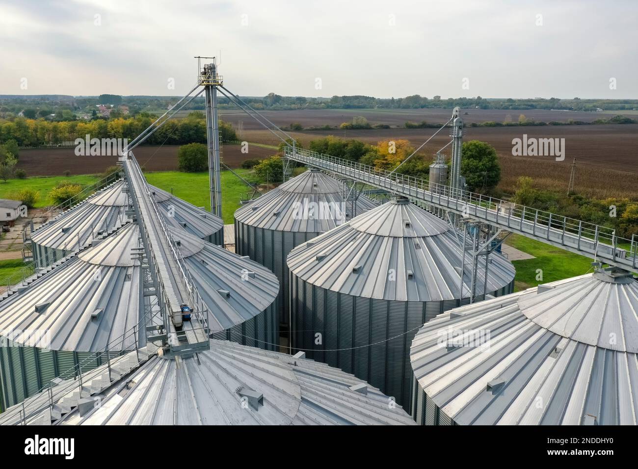 Agricultural silos on the farm in autumn, close-up drone view ...