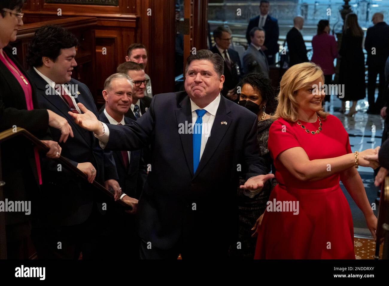 Gov. J.B. Pritzker arrives with first lady M.K. Pritzker to deliver his ...