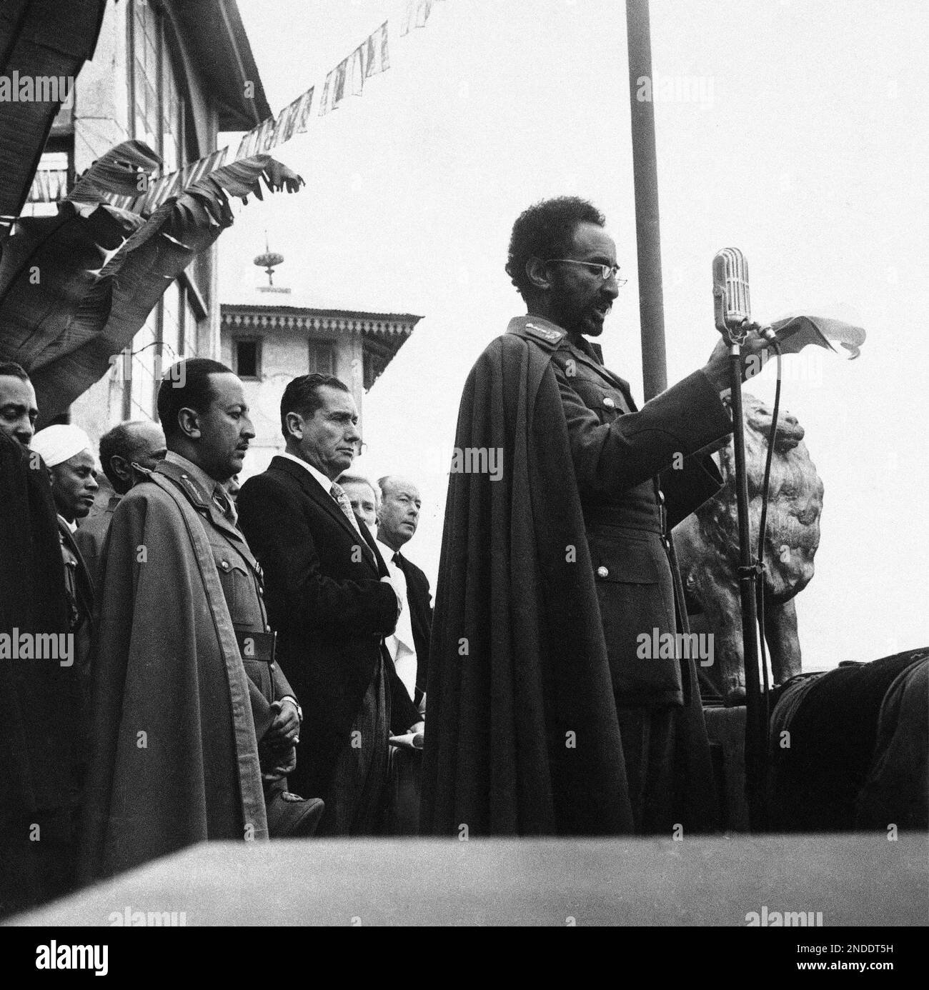 Ethiopian Emperor Haile Selassie addresses the crowd in front of the ...