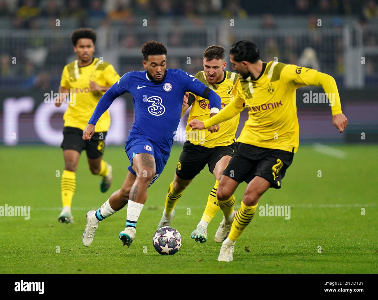 Chelsea's Reece James and Borussia Dortmund's Emre Can in action during ...