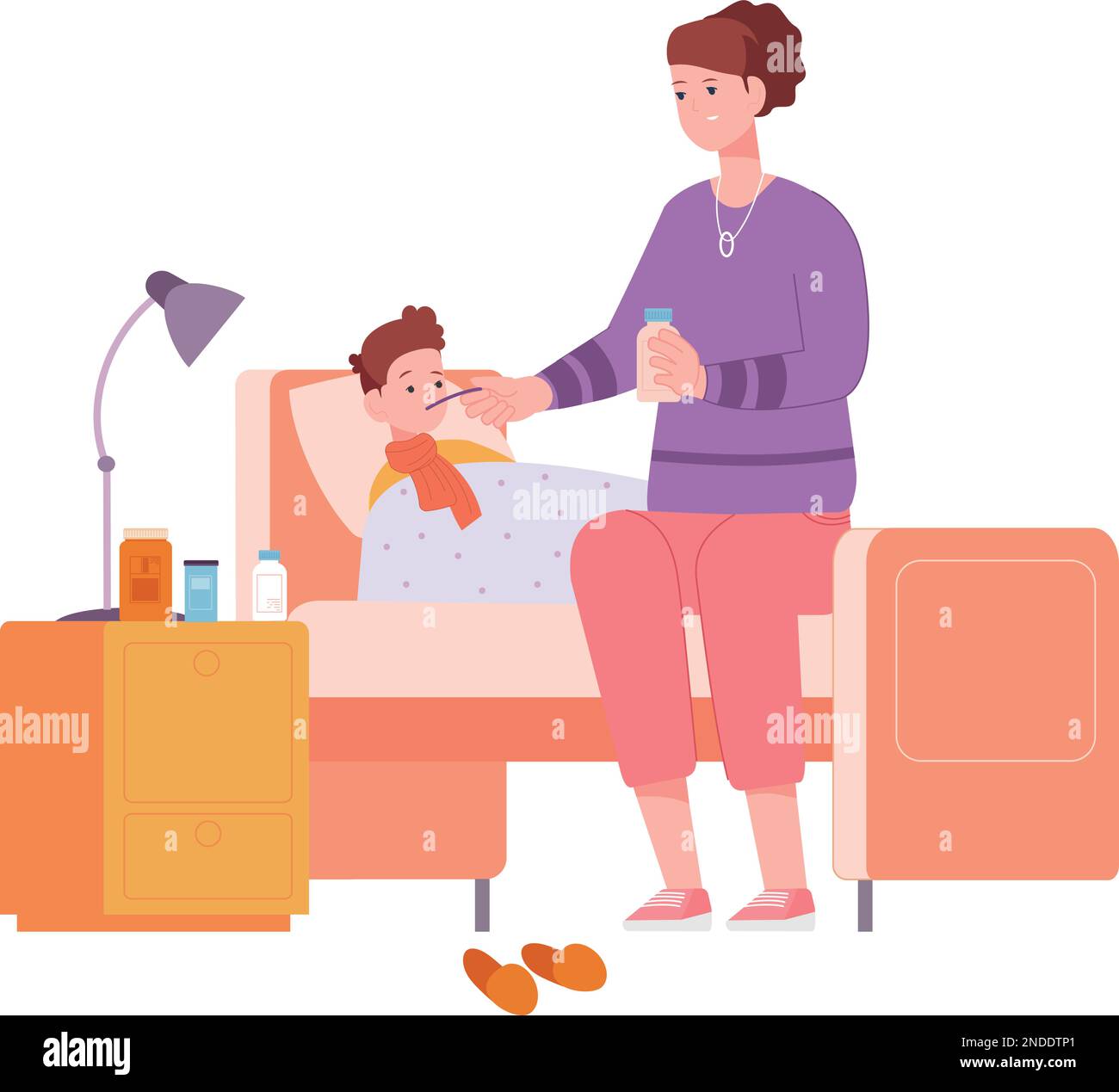 Mother give treatment to sick child. Ill boy laying in bed isolated on ...