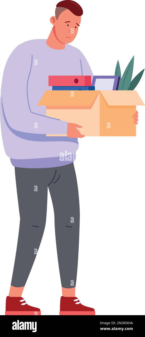 Sad man with stuff in cardboard box. Fired person isolated on white ...