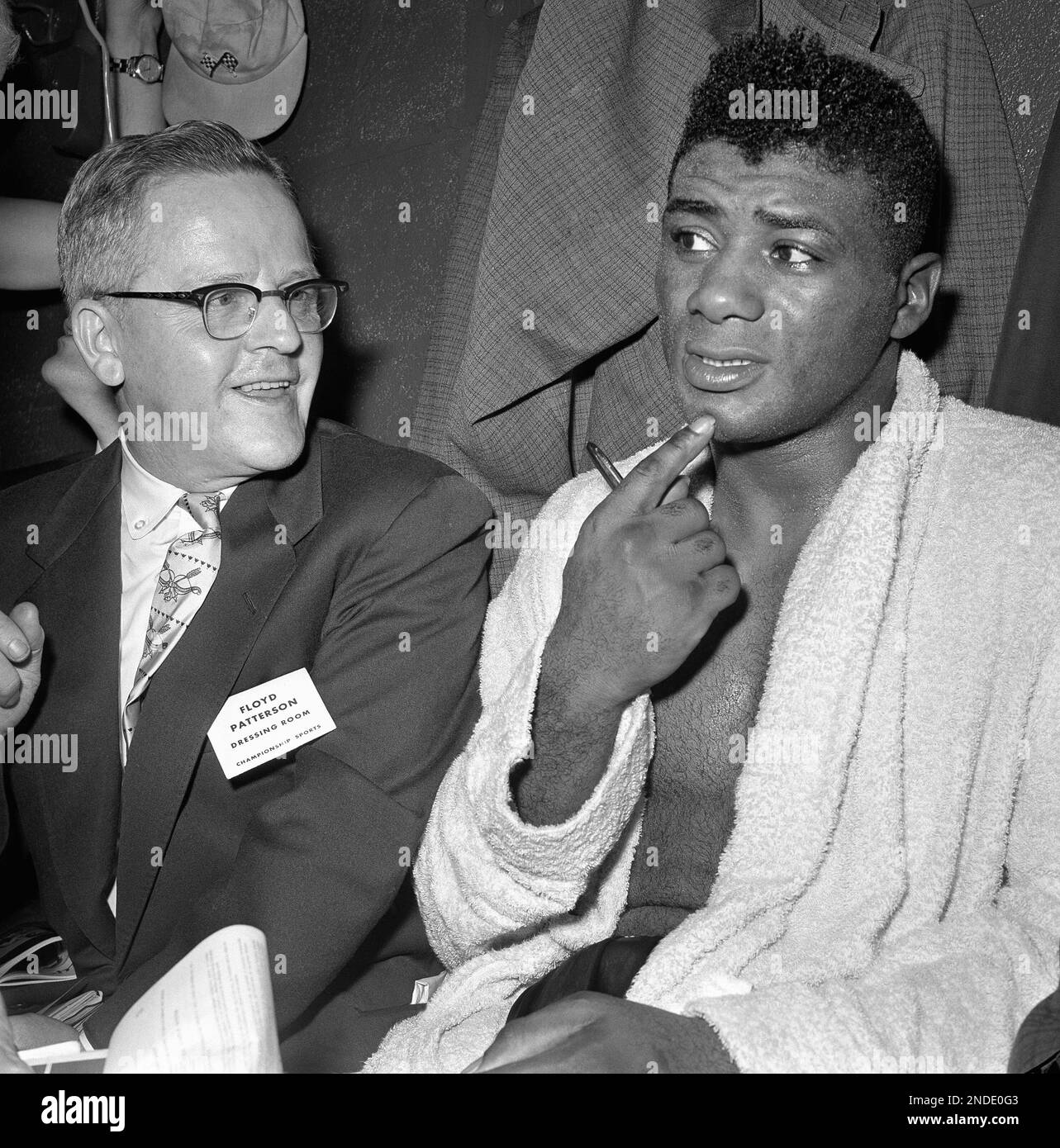 Floyd Patterson point to his chin in his dressing room after retaining ...