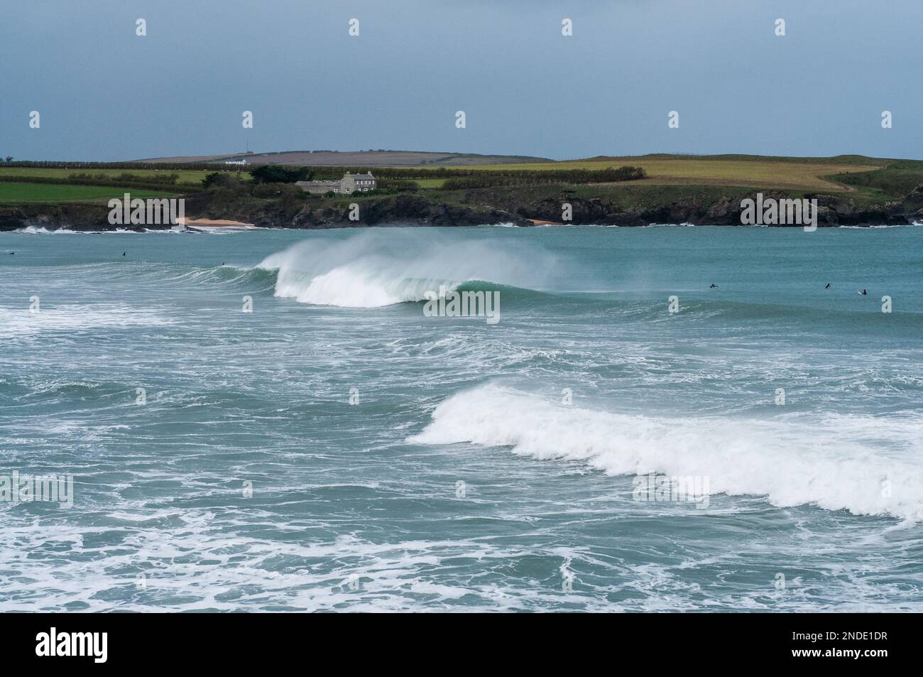 Storm waves breaking at Harlyn Bay on the North Cornwall Coast, England ...