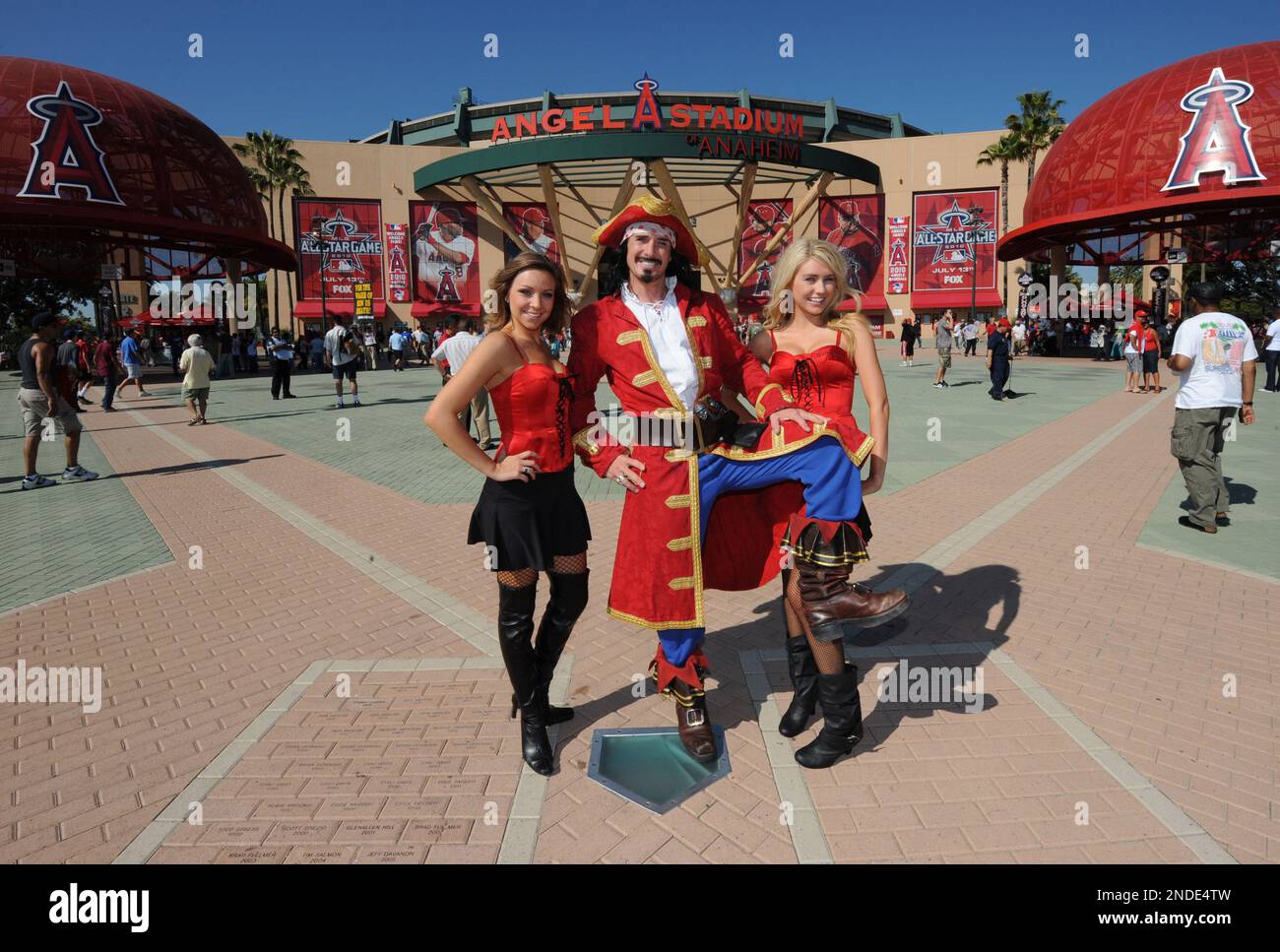 Captain Morgan and the Morganettes pose in front of Angels Stadium as ...