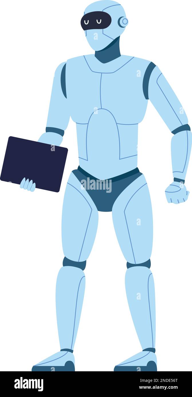 Robot hold tablet. Futuristic electronic cartoon character isolated on ...