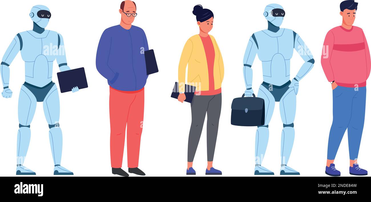 People and robots waiting in line. Futuristic work isolated on white ...