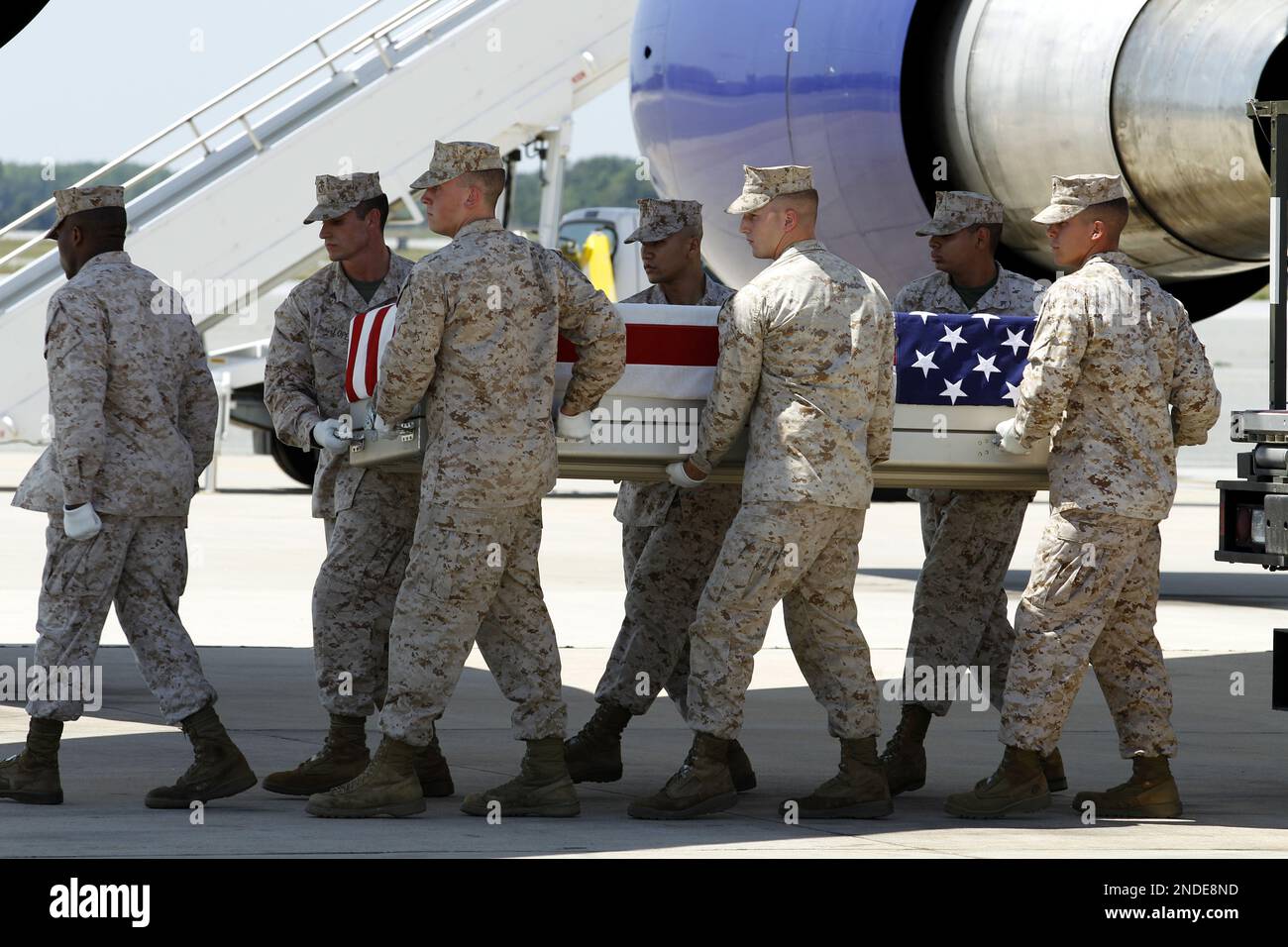 A Marine carry team carries the transfer case containing the remains of ...