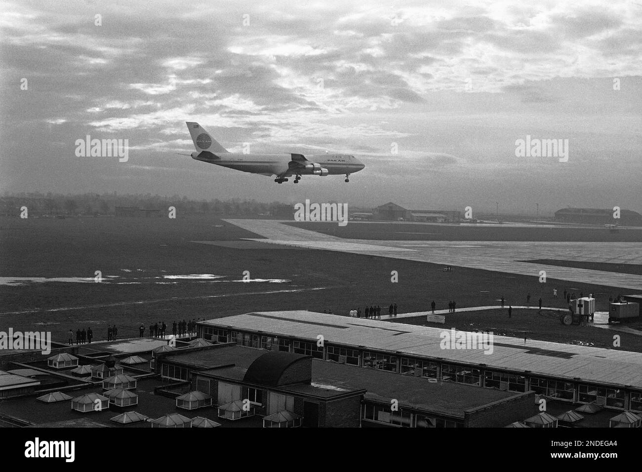 The Pan Am Boeing 747 landing at Heathrow Airport after its maiden trans Atlantic flight from ...