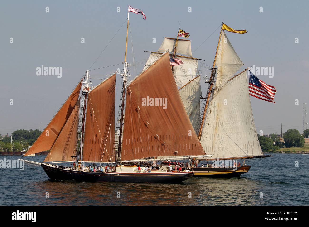 The tall ship Roseway, left, passes the Pride of Baltimore in Cleveland ...