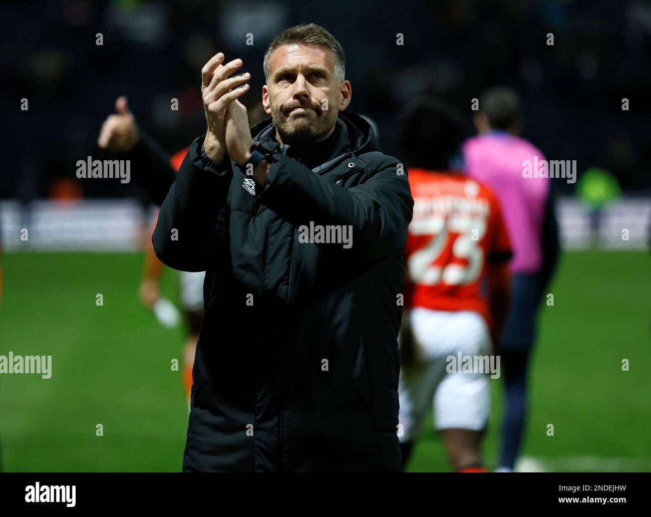 Luton Town manager Rob Edwards applauds the fans at full time after the ...