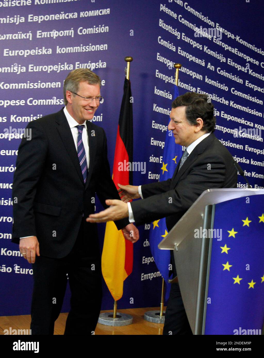 German President Christian Wulff, left, is welcomed by European ...