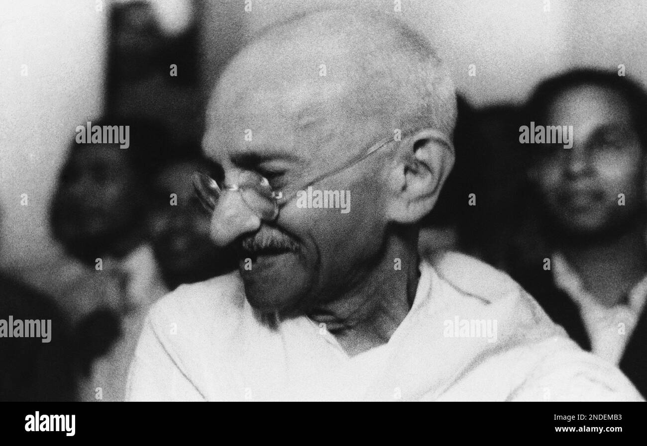 Indian spiritual leader Mahatma Gandhi taken before talks in Bombay, on ...