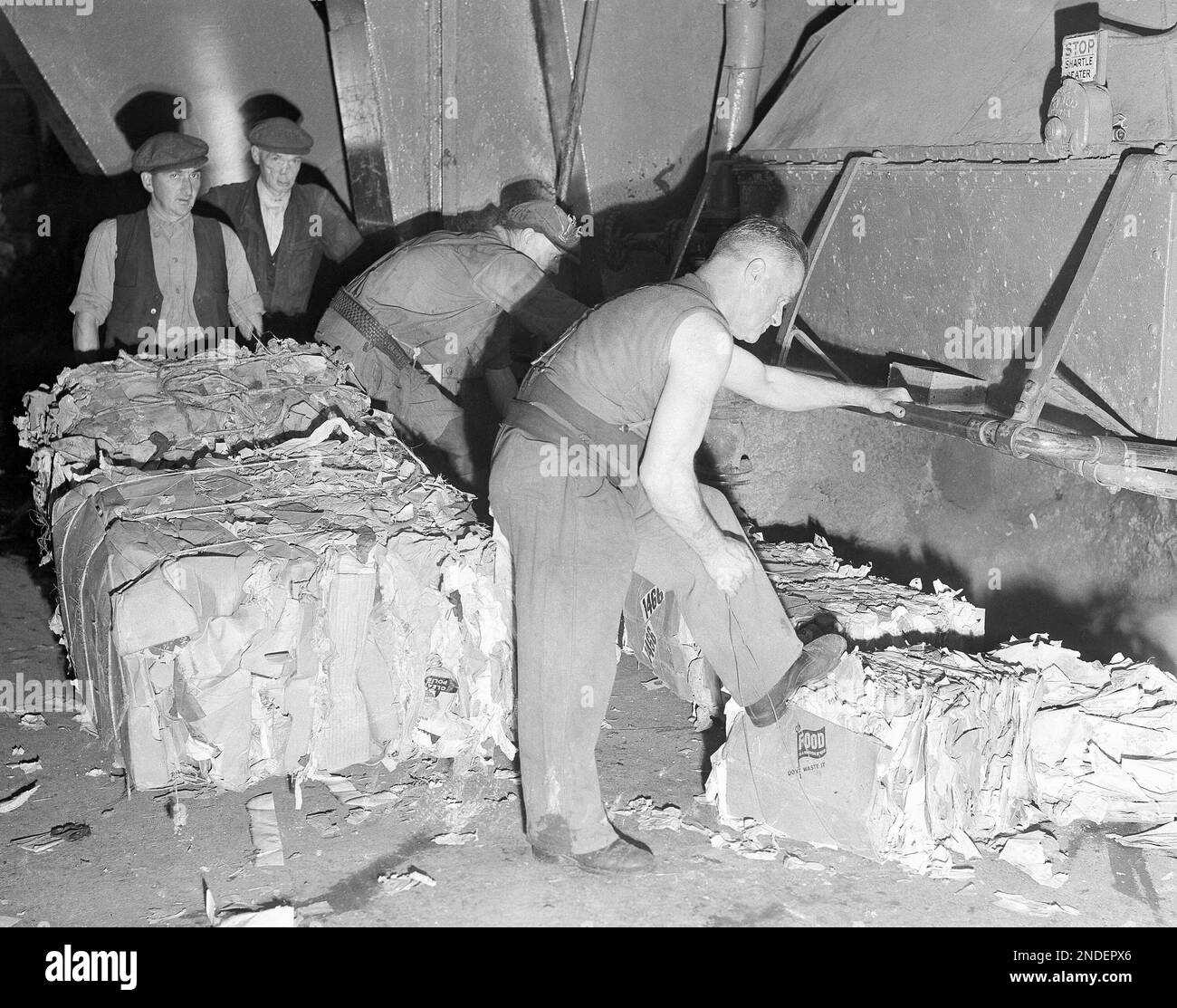 Workers in the paper mill wheeling up bales of waste paper which are ...