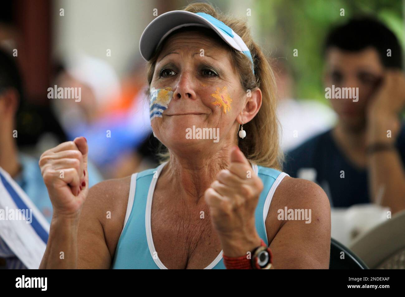 Uruguayan soccer fan Rosy Pallozzi watches a semifinal World Cup soccer ...