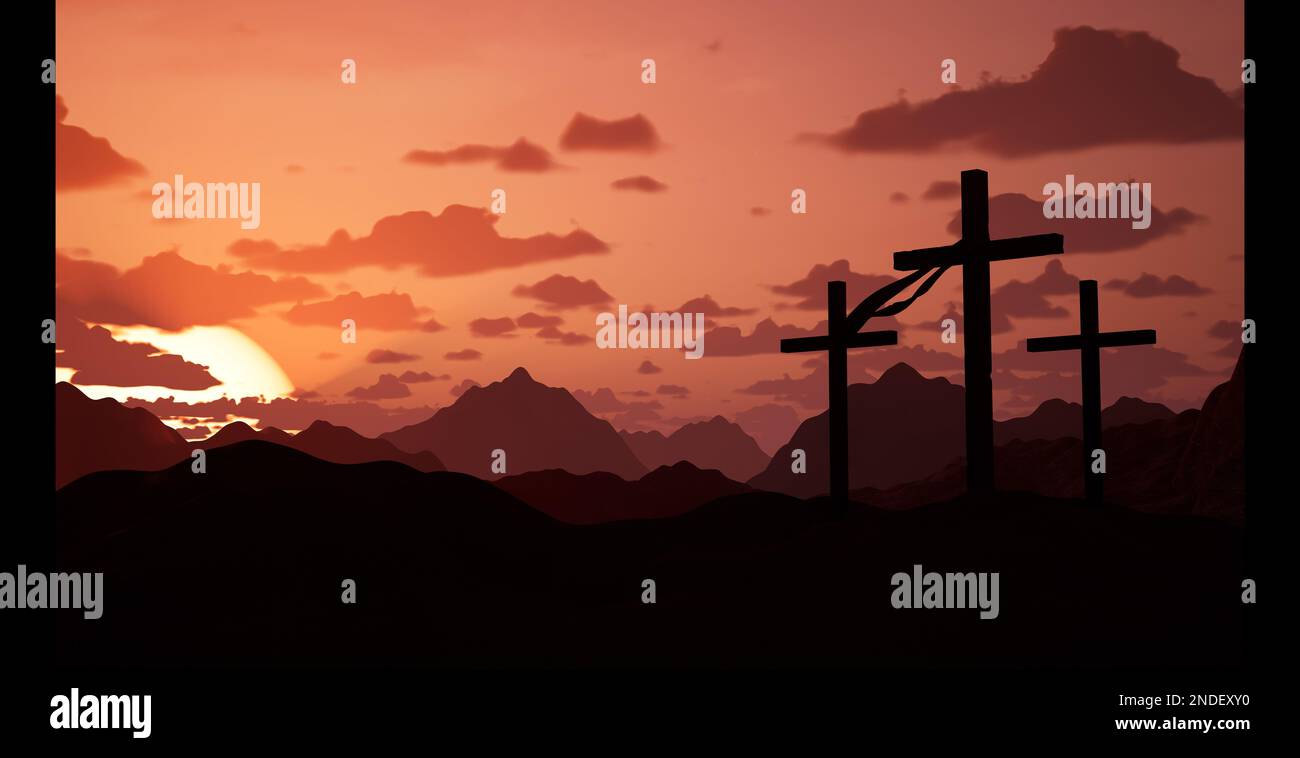 Three Crosses On A Hill At Sunset