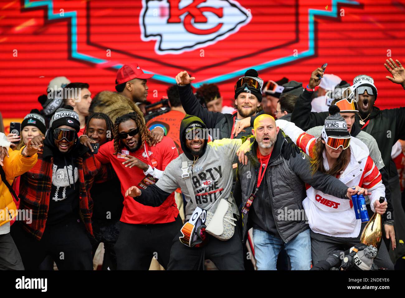 Kansas City Chiefs players are joined by quarterbacks coach Matt Nagy ...