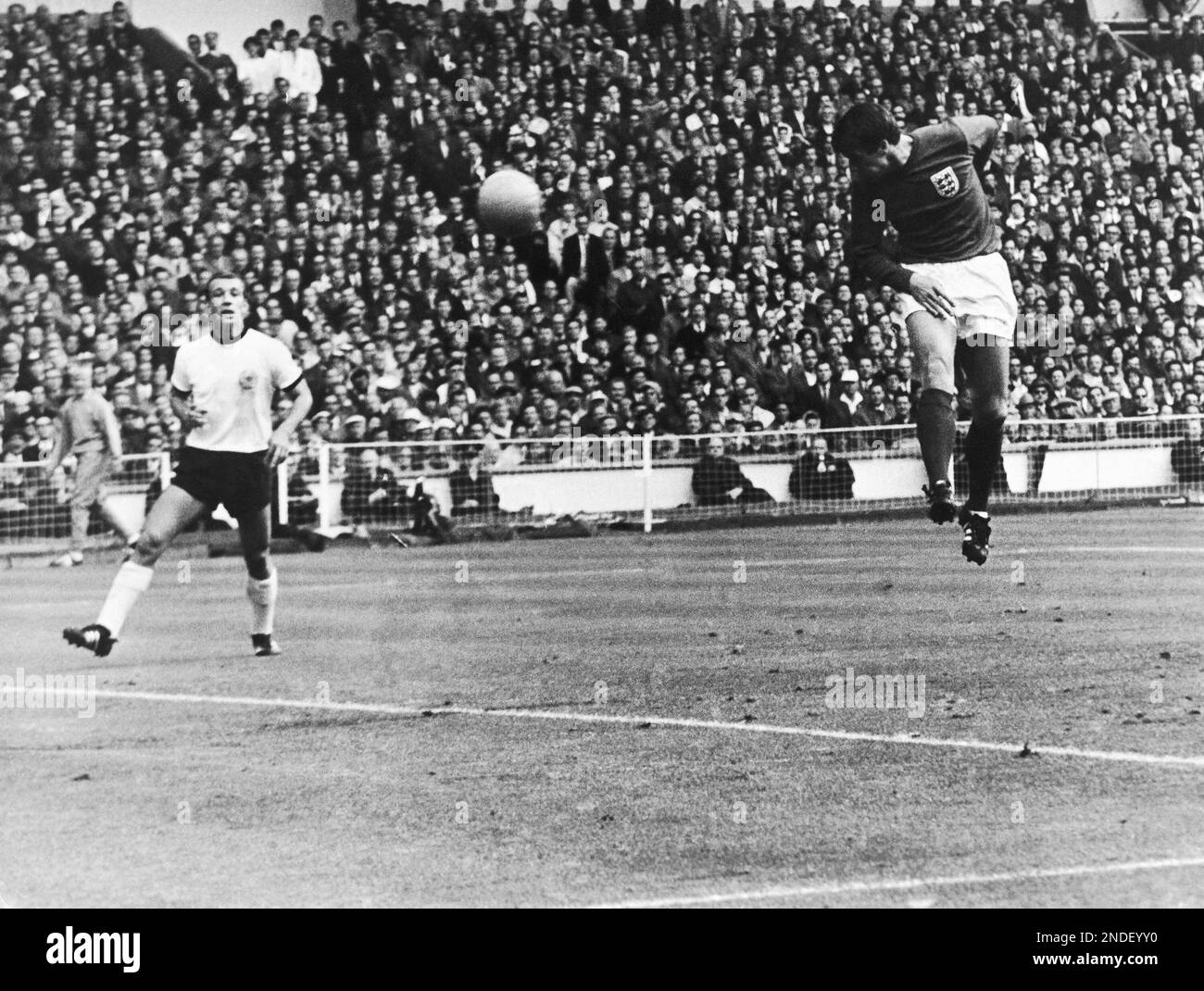 English forward Geoffrey Hurst scores the first goal for England in the ...