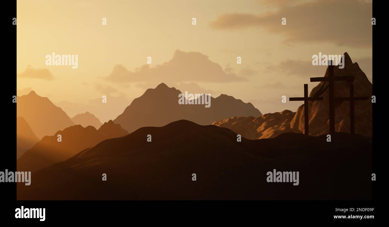 Holy sacred crosses glowing in sunshine on mountain, religious easter ...