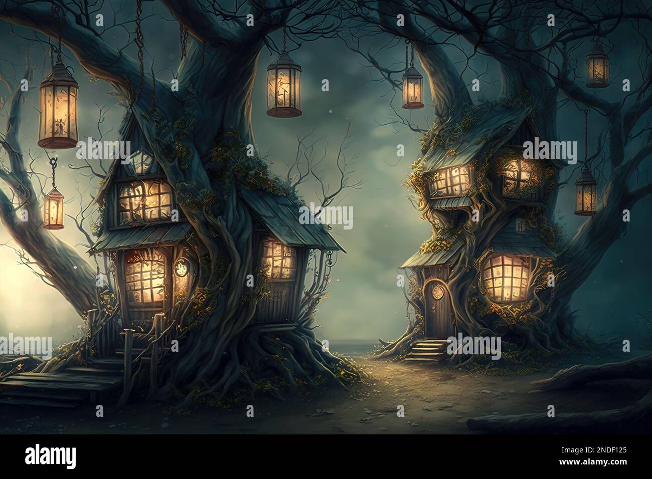 Fantasy Houses In Magic Forest At Night Fairy Tale Habitation In Trees