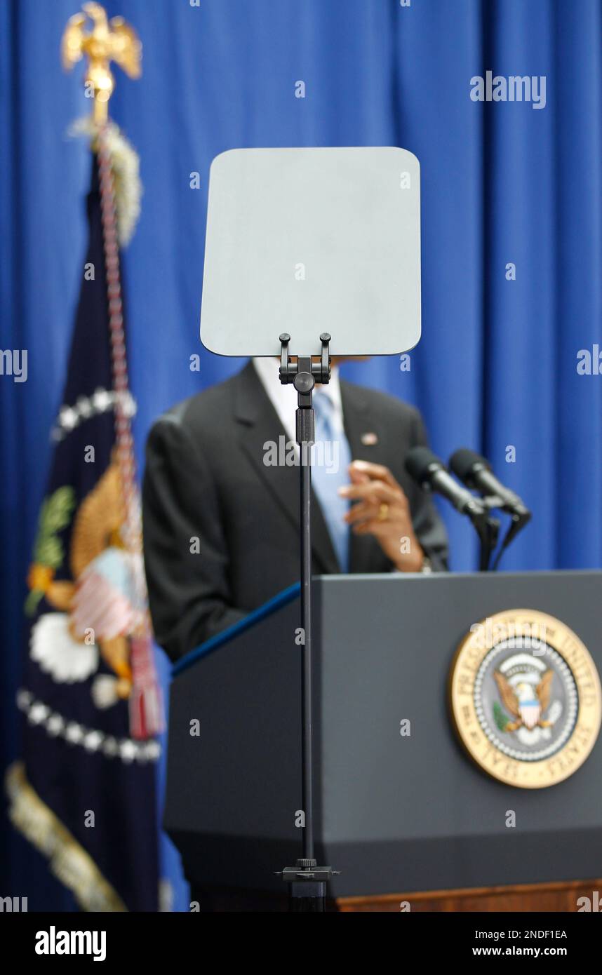 President Barack Obama uses a Teleprompter as he speaks about ...