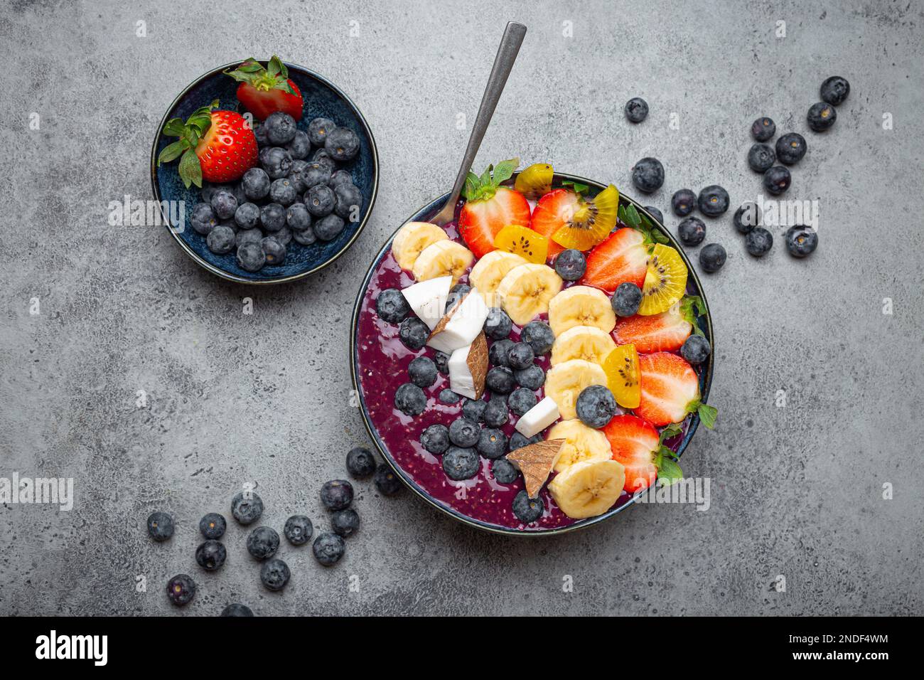 Healthy summer acai smoothie bowl with chia seeds, fresh banana ...