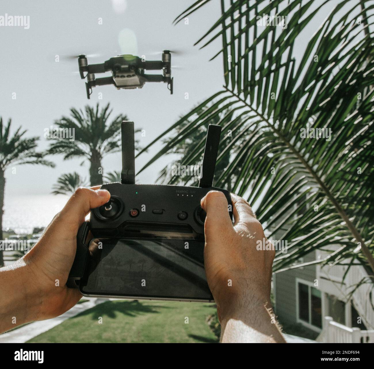 A hand holding a controller flying a drone near palm trees of Dana ...