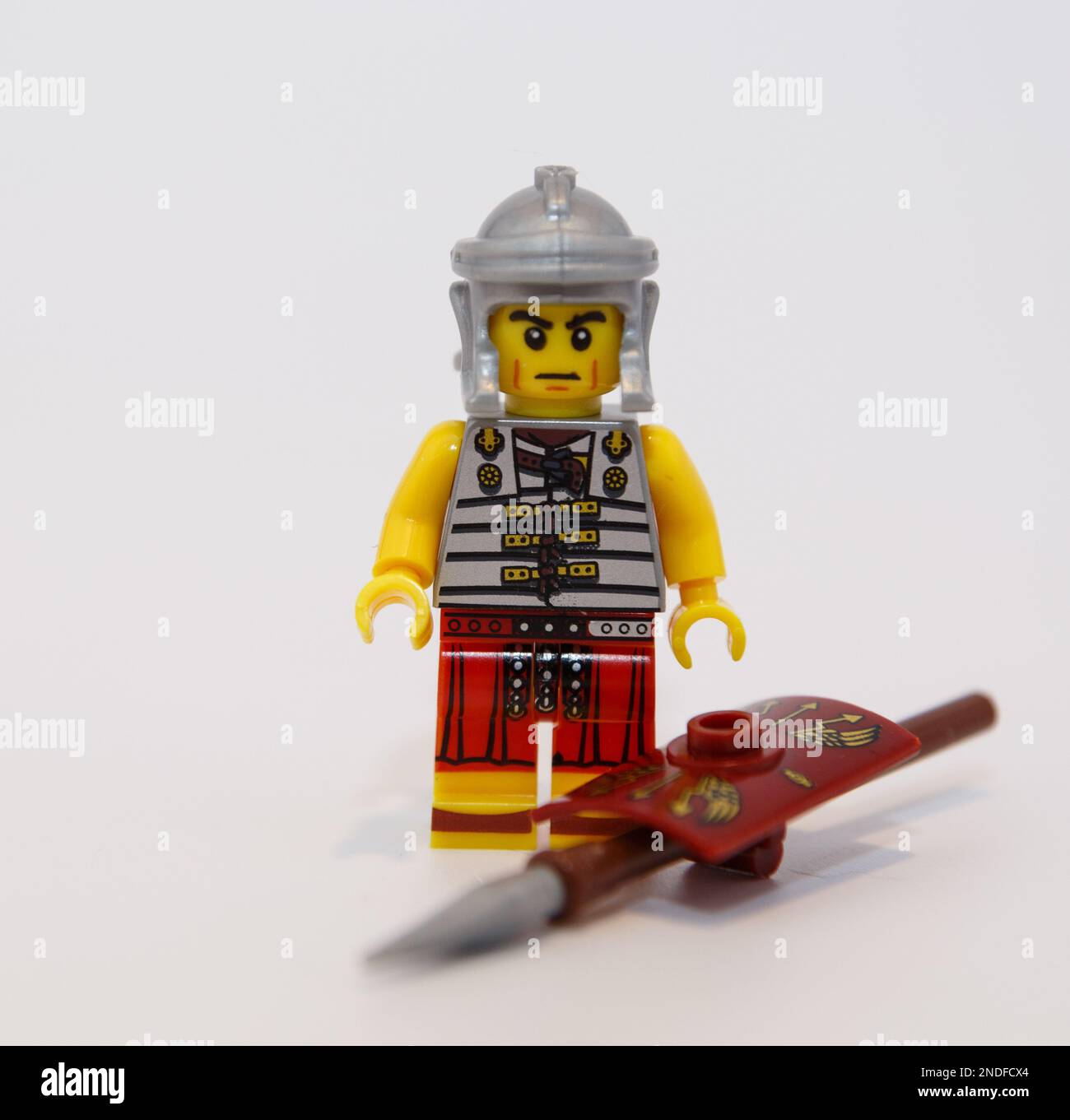 A closeup of a lego of Roman minifigure of centaur isolated on a white ...