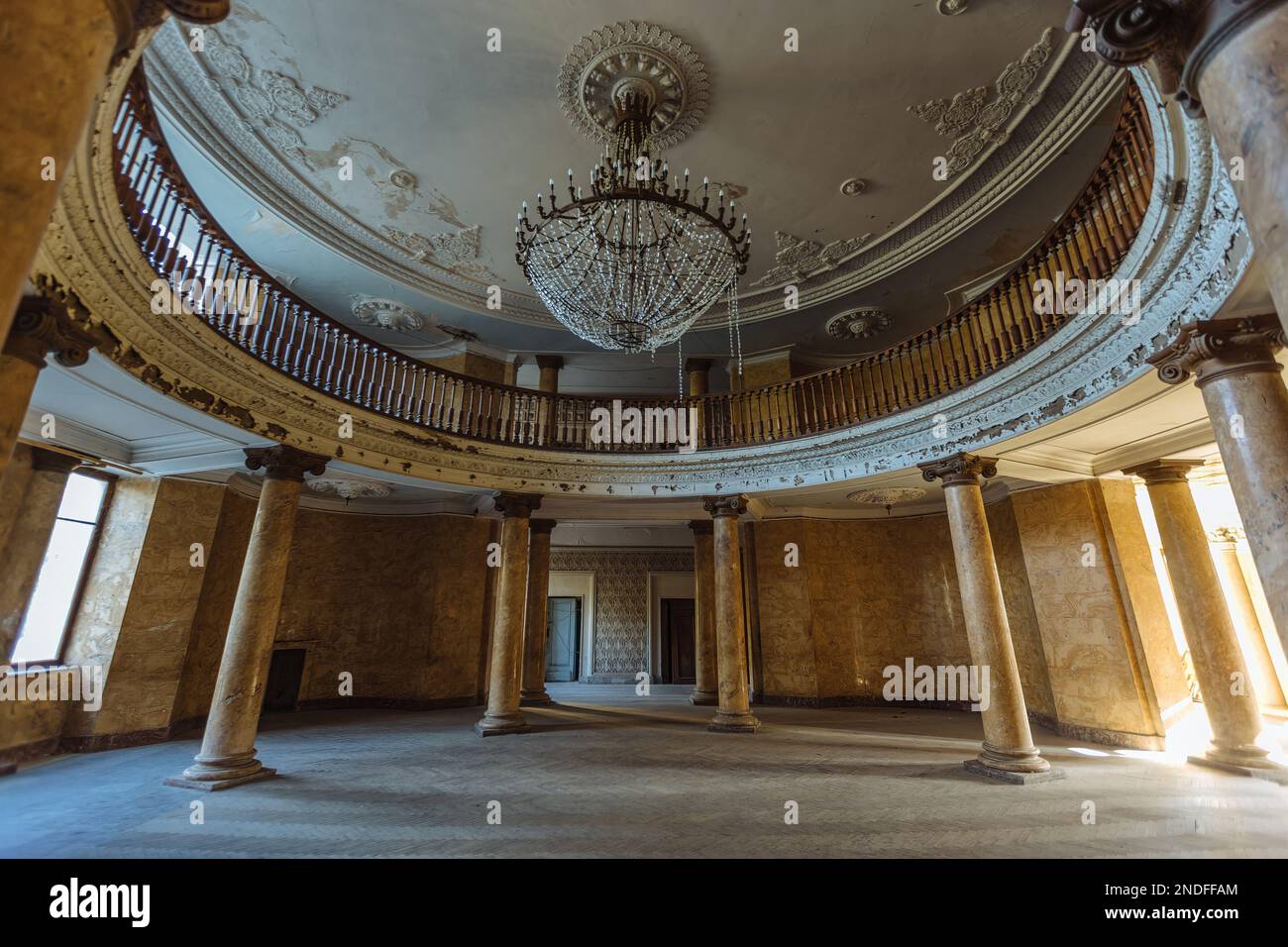 Entrance round hall with chandelier at the abandoned palace Stock Photo ...