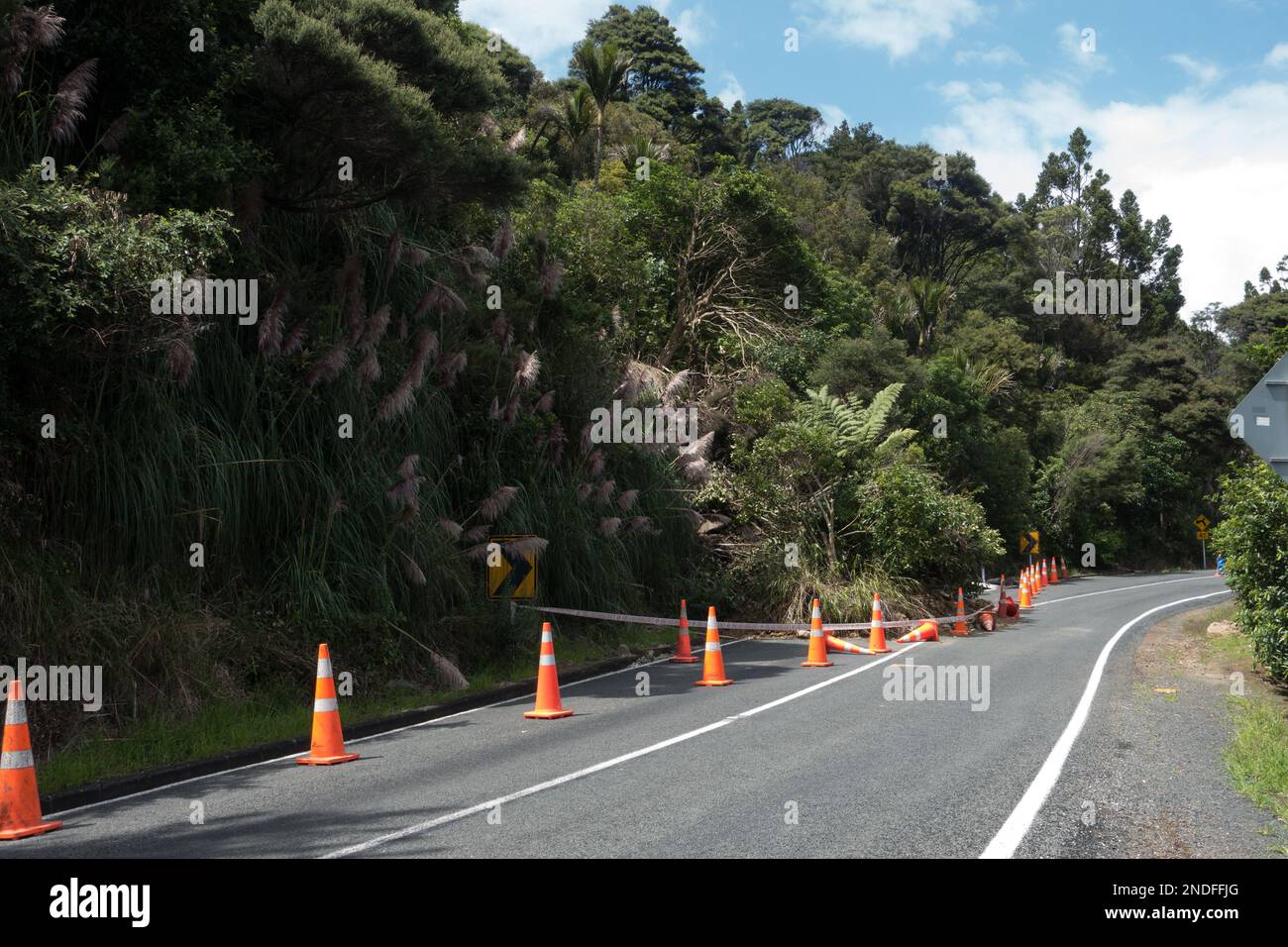 Following cyclone Gabrielle a land slip has occurred blocking one half ...
