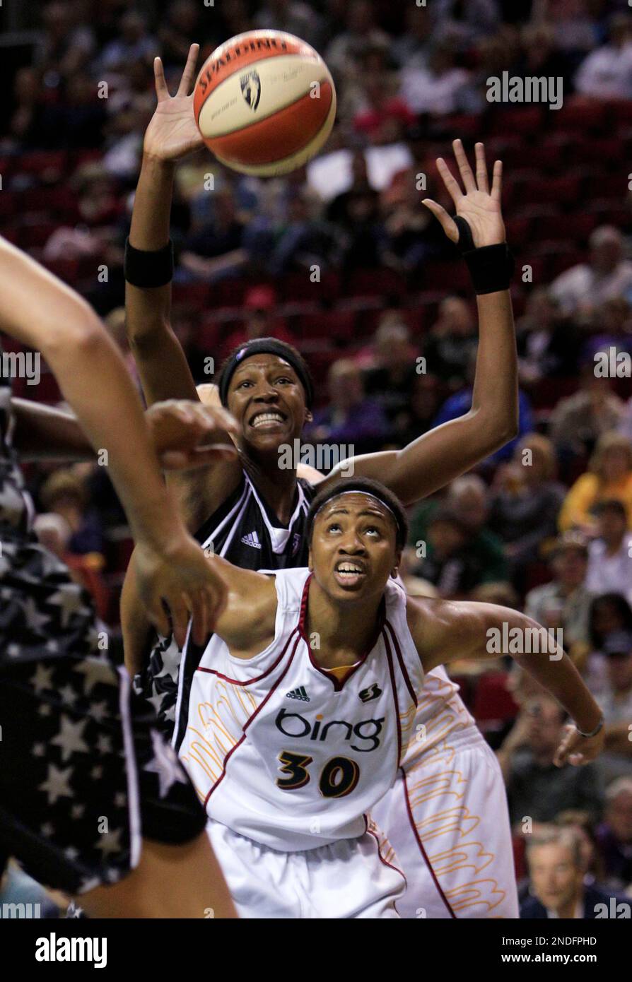 Seattle Storm's Tanisha Wright (30) blocks out San Antonio Silver Stars ...