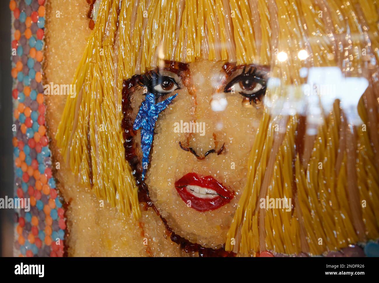 A portrait of Lady Gaga made from licorice pieces is shown on display ...