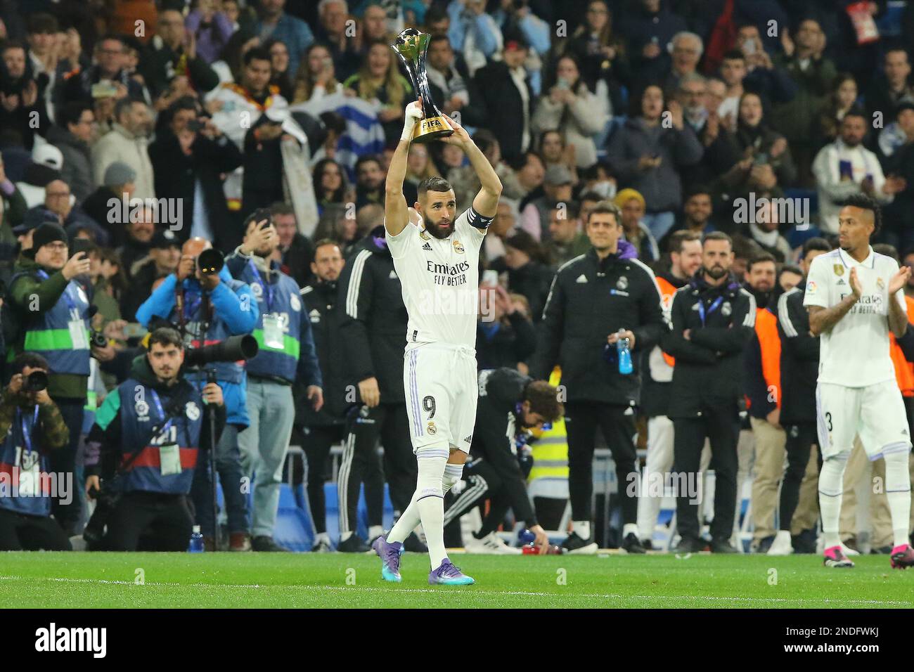 Real Madrid´s Karim Benzema shows world cup trophy, during La Liga ...