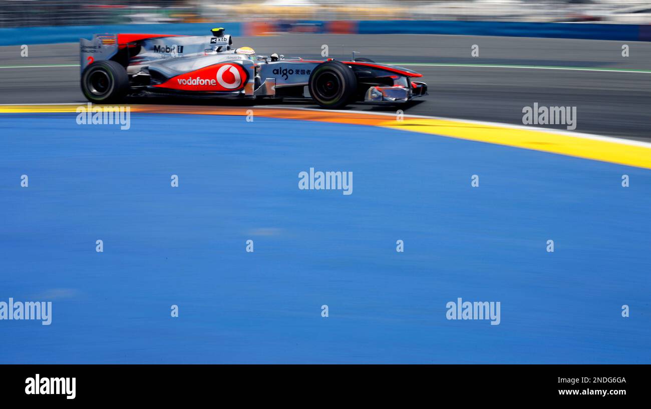 McLaren driver Lewis Hamilton of Britain drives his car during Europe's ...