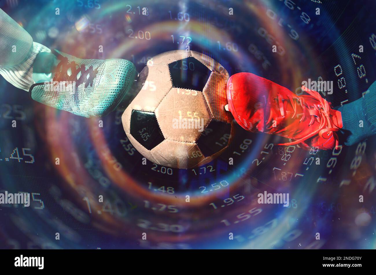 Two soccer players challenge each other at the stadium Stock Photo - Alamy