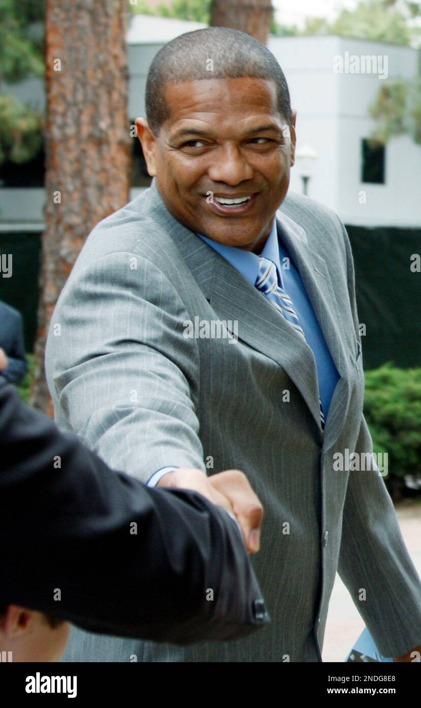 Former UCLA star Marques Johnson arrives for a memorial service arrives ...