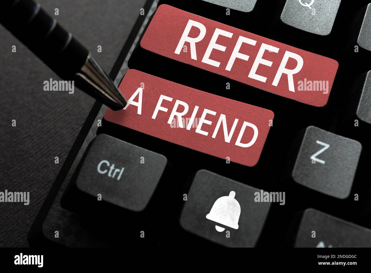 Hand writing sign Refer A Friend. Word for Recommendation Appoint ...