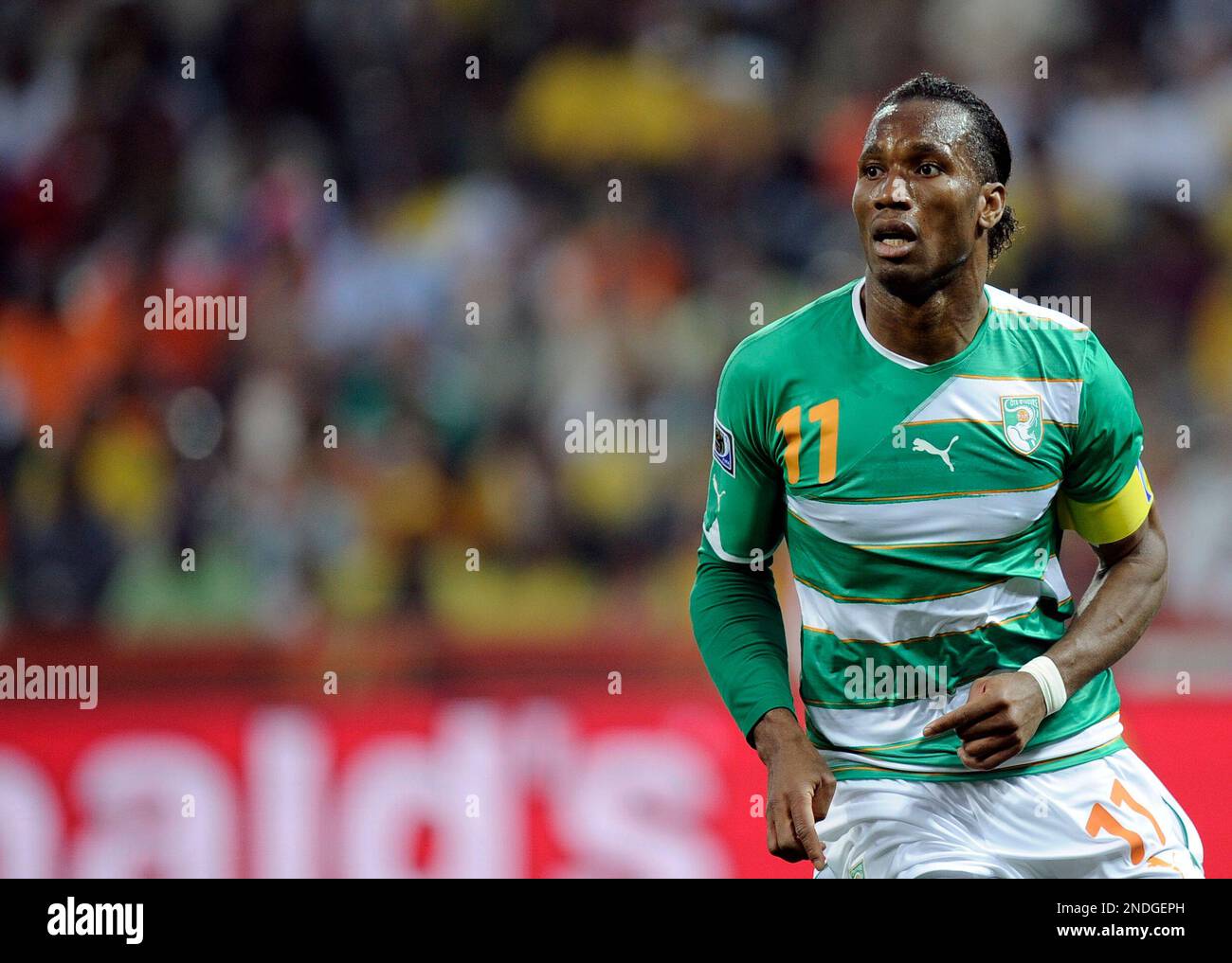 Ivory Coast's Didier Drogba reacts during the World Cup group G soccer ...