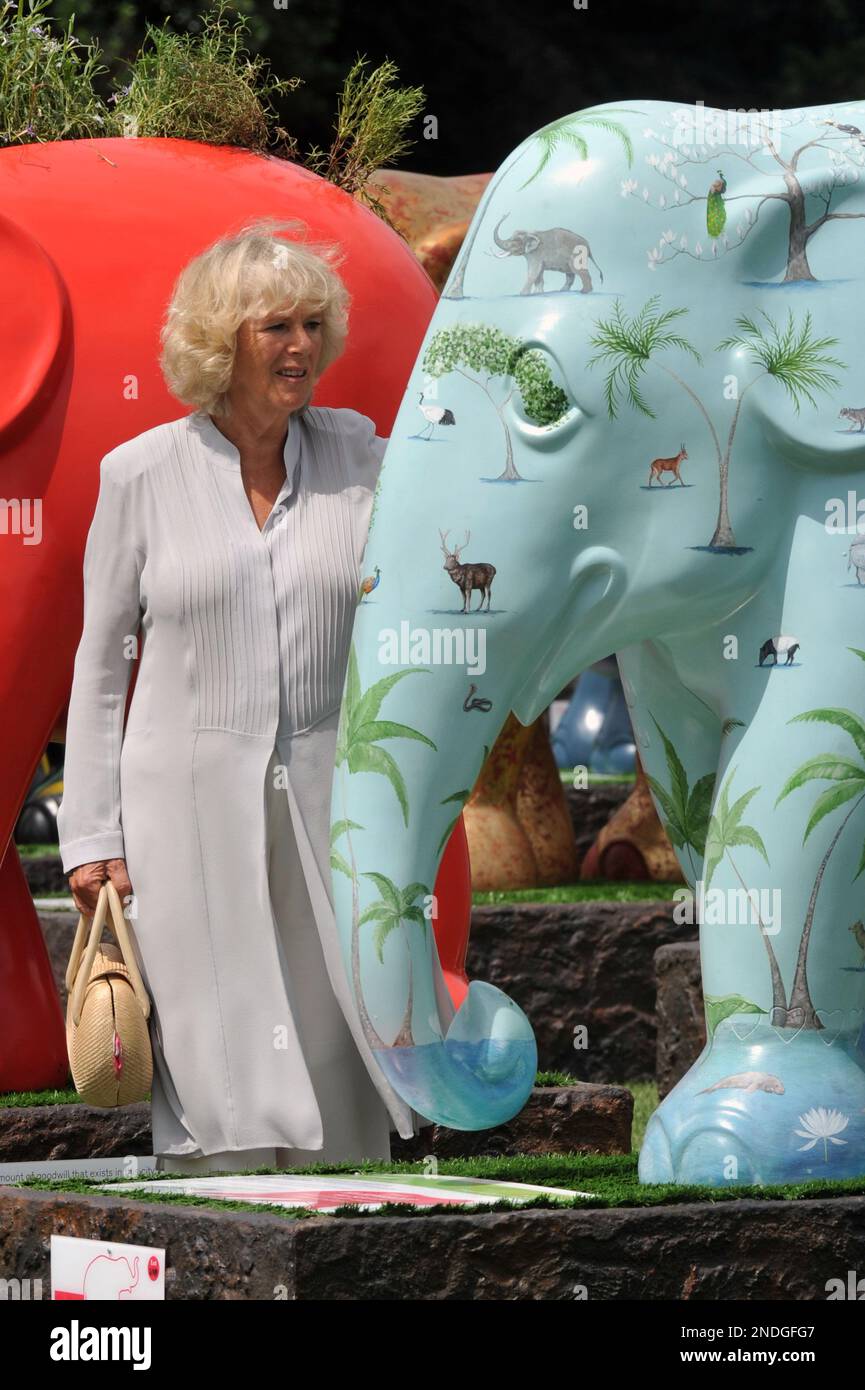 The Duchess of Cornwall views elephant sculptures during a visit to the ...