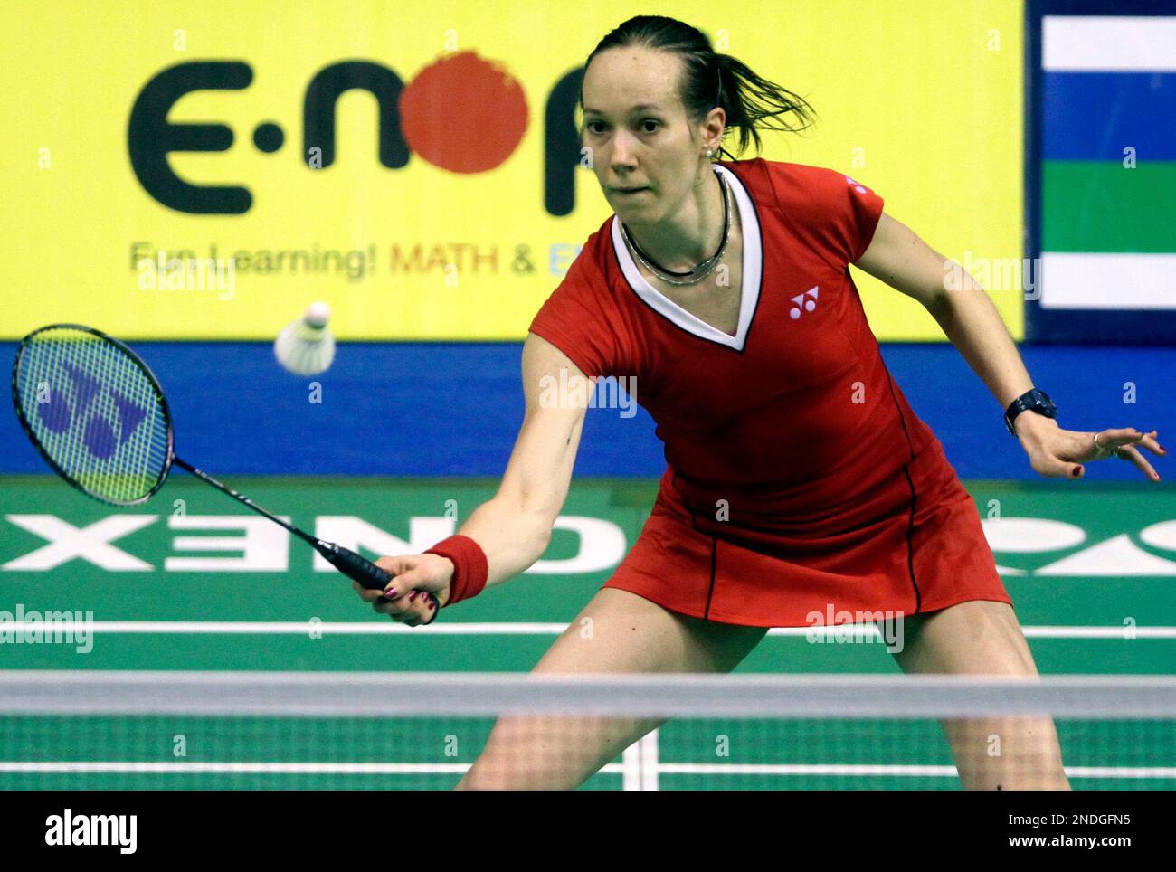 Ella Diehl of Russia returns a shot during her match against Saina ...