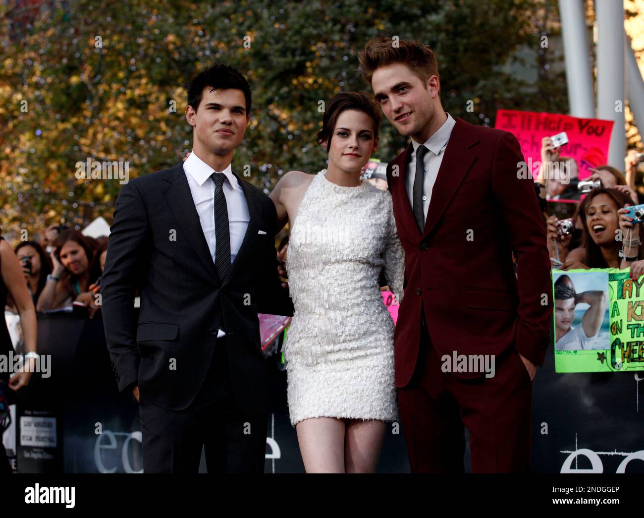 Actors, from left, Taylor Lautner, Kristen Stewart and Robert Pattinson ...