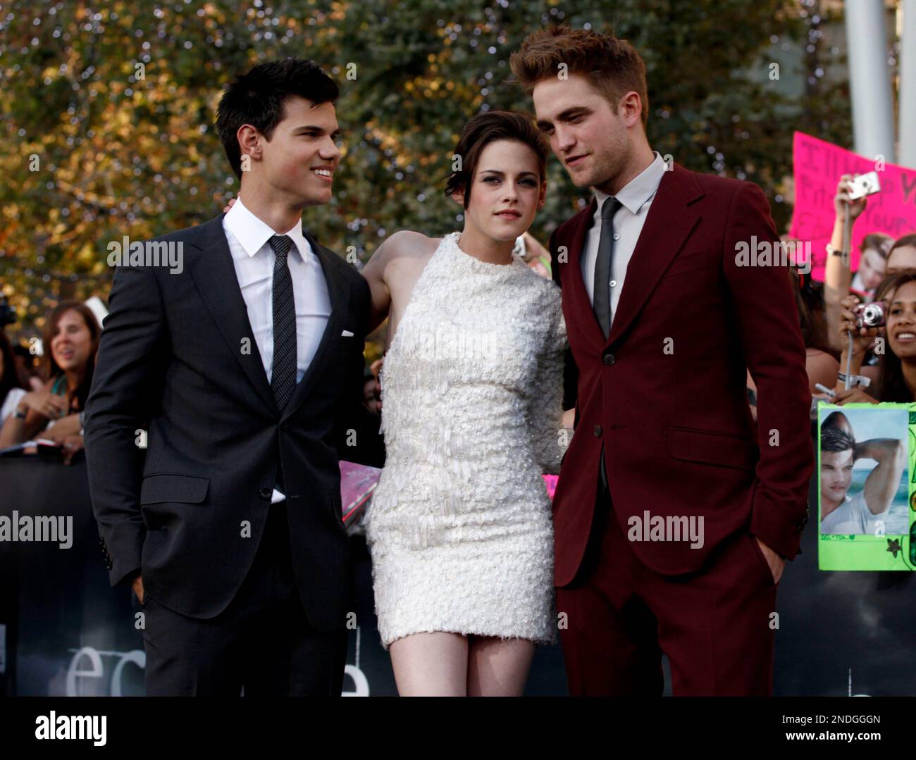 Actors, from left, Taylor Lautner, Kristen Stewart and Robert Pattinson ...