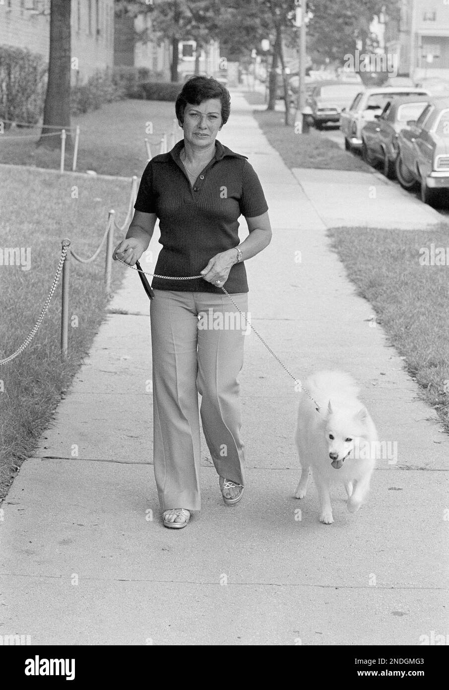Mrs. Cecilia Davis walks her dog, “Snowball” front of her apartment ...