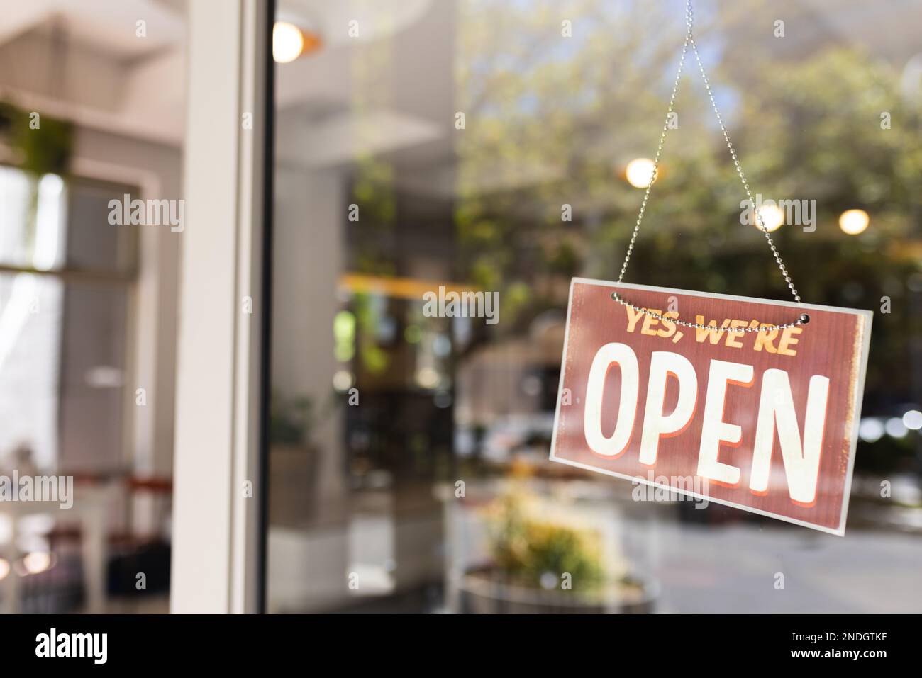 Close up of front door of cafe with open sign. Cafe, free time and city ...